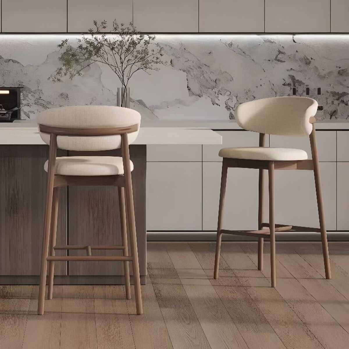 Japandi Wooden Bar Stool – Walnut Finish with Linen Upholstery ...